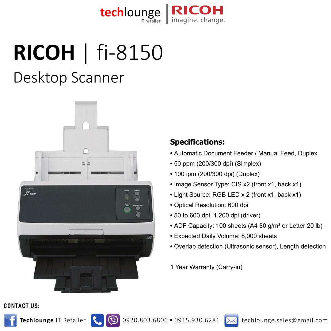 RICOH FI SERIES | fi-8150 Desktop Scanner - ADF, Manual, Duplex, 50ppm ...