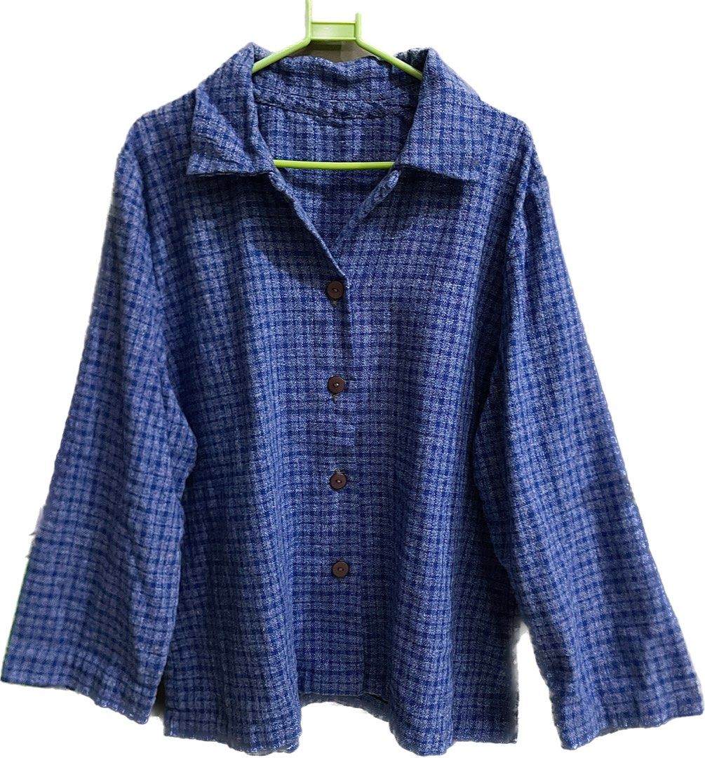 Wool Boxy Flannel Blue Checkered Oversized Loose/Relaxed Fit Wide ...