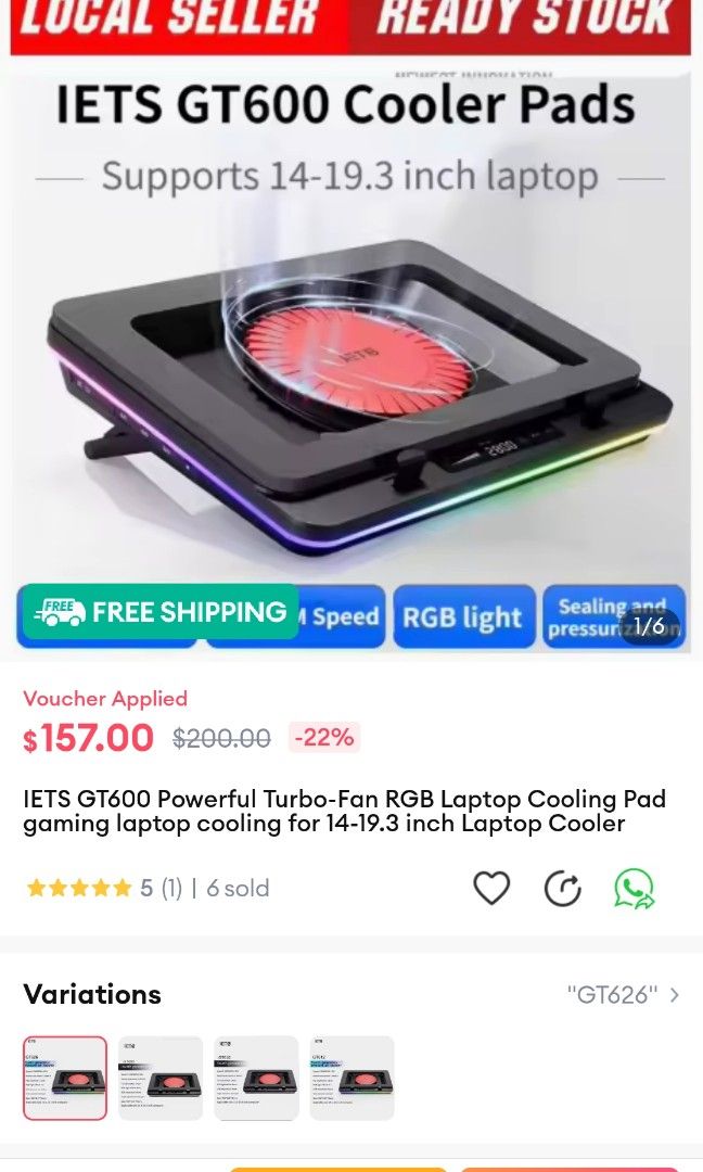 Original IETS GT626 Powerful Turbo-Fan RGB Laptop Cooling Pad gaming ...