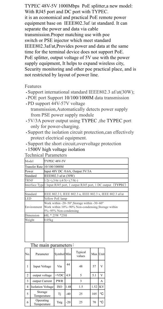 7-STAR* 3A USB C Type C Full Gigabit PoE Splitter 1000Mbps DC48V To 5V ...