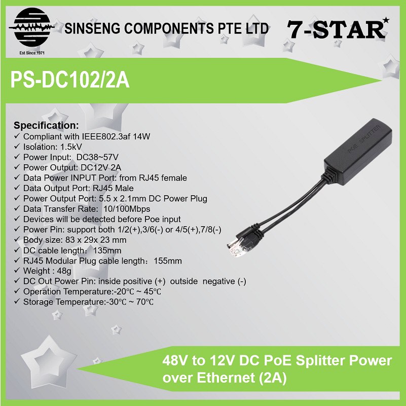 100Mbps DC 2A Active PoE Splitter Power Over Ethernet 48V to 12V 1A-2A ...