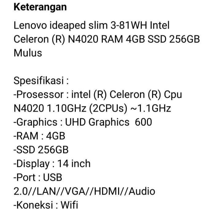 LENOVO 81WH Celeron N4020 4Gb, Elektronik, Komputer, Laptop di Carousell