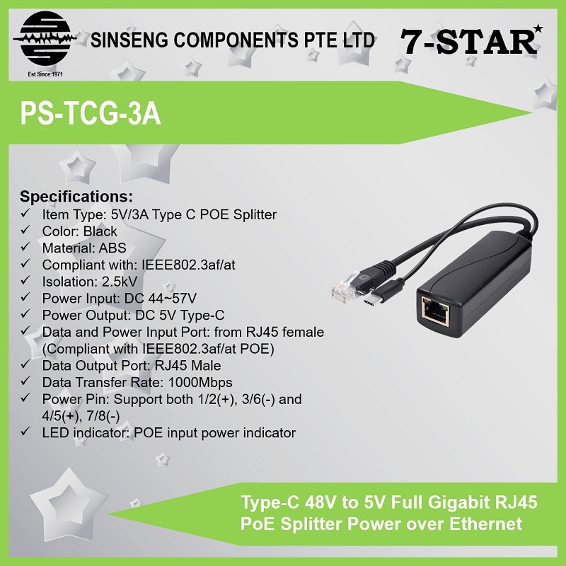 7-STAR* 3A USB C Type C Full Gigabit PoE Splitter 1000Mbps DC48V To 5V ...