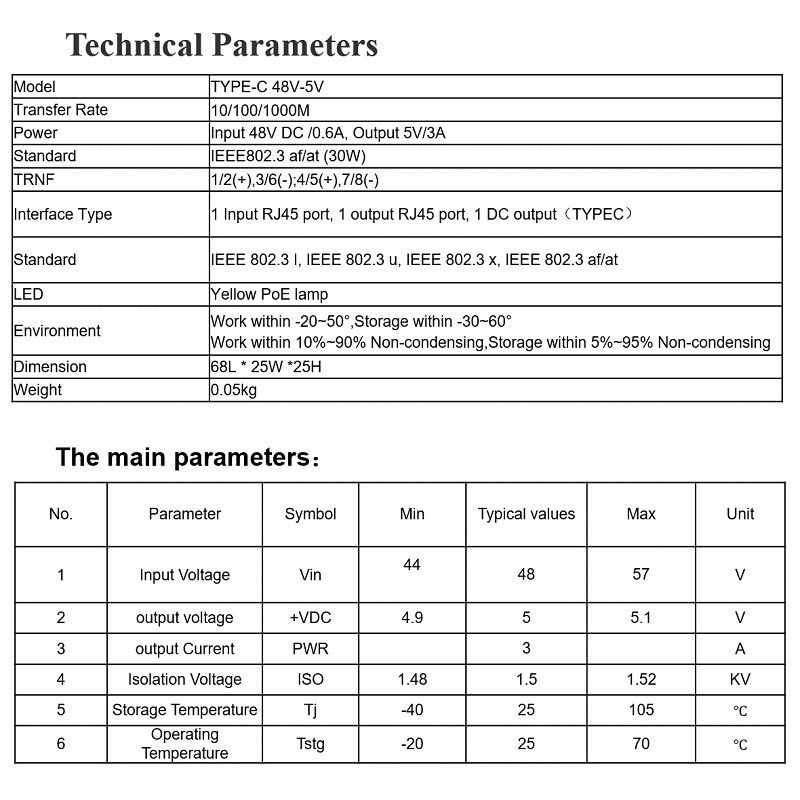 7-STAR* 3A USB C Type C Full Gigabit PoE Splitter 1000Mbps DC48V To 5V ...