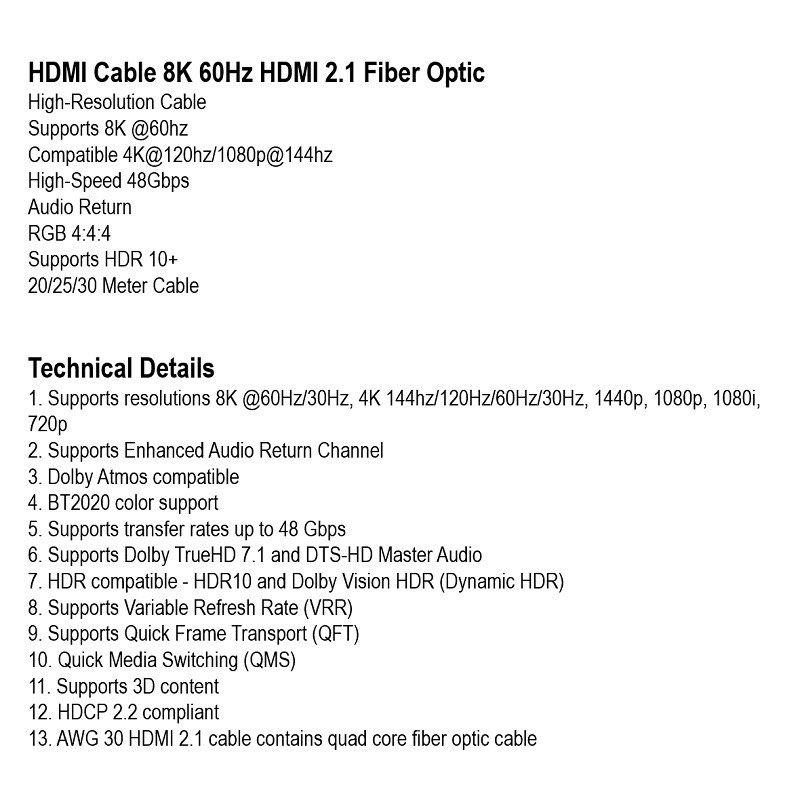 7-STAR* V2.1 ARC 8K HDMI Cable 20M/25M/30M 8K HDMI Fiber Active Optical ...