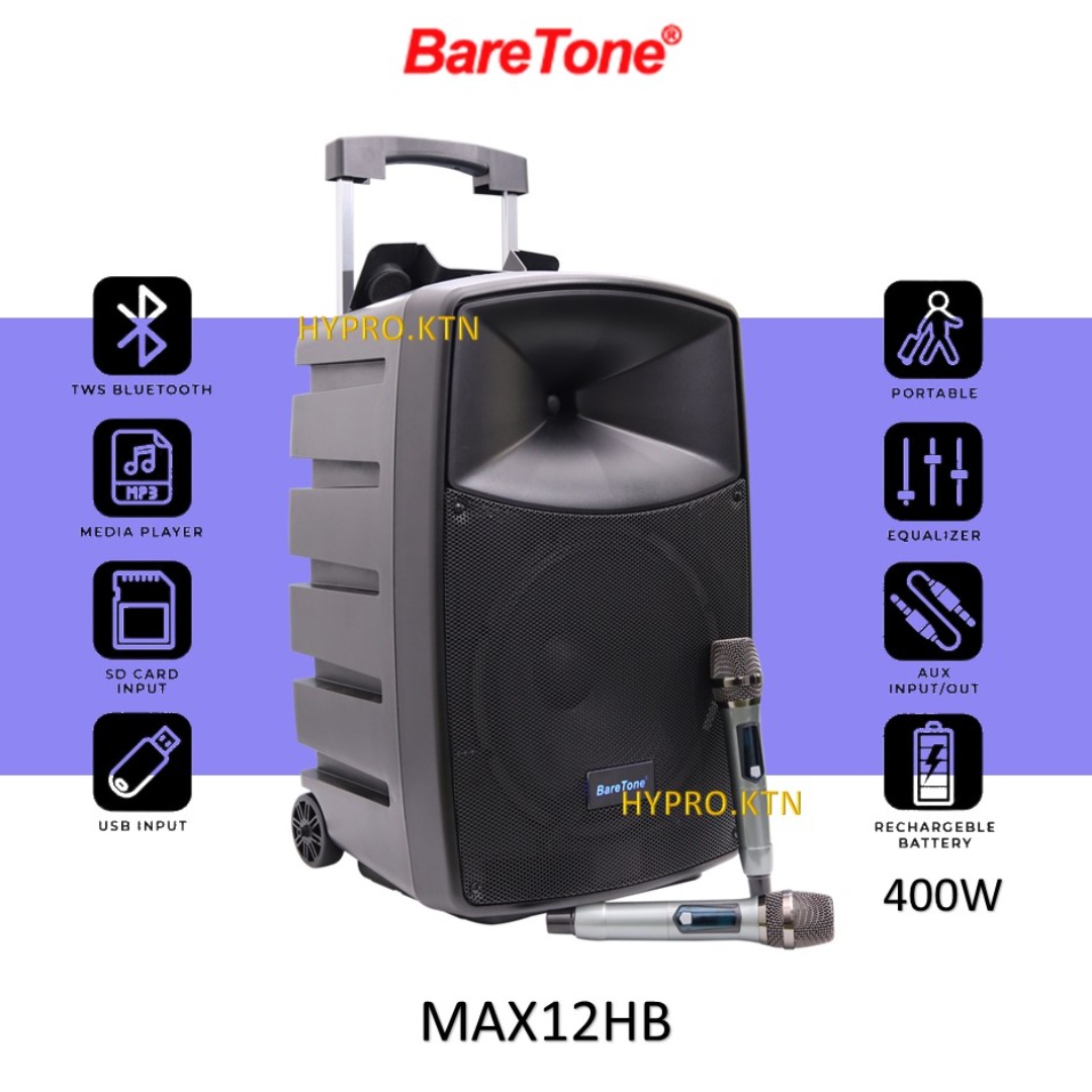Baretone MAX-12HB 12" Portable Speaker With Two Handheld Wireless Mic ...