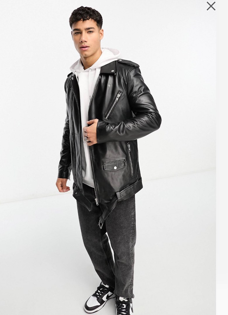Muubaa Leather Longline Belted Biker Jacket, Men's Fashion, Coats ...
