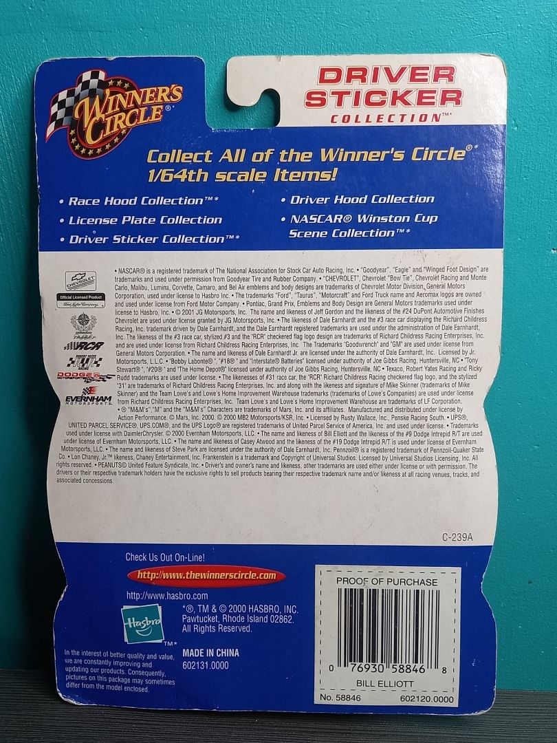 Nascar Winner's Circle Driver Sticker Collection #9 Bill Elliott Dodge ...