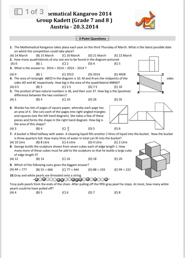 SMKC, Singapore Maths Kangaroo 20 years paper with answers, Hobbies ...