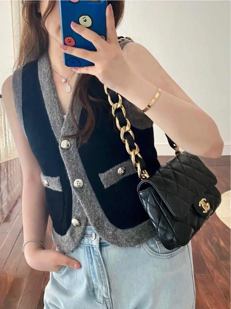 (已售)現貨 全新 AS3214 CHANEL 23P 黑色 粗鍊 腋下包 21cm, 名牌精品, 精品包與皮夾在旋轉拍賣