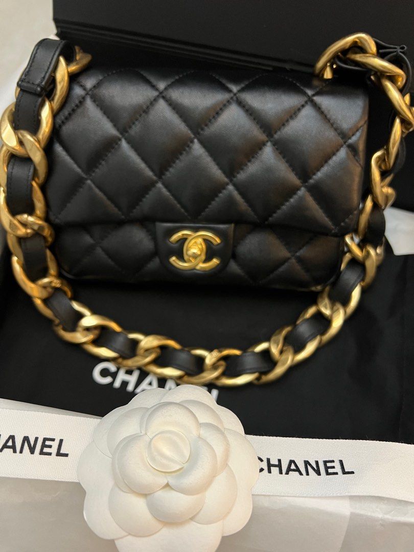 (已售)現貨 全新 AS3214 CHANEL 23P 黑色 粗鍊 腋下包 21cm, 名牌精品, 精品包與皮夾在旋轉拍賣