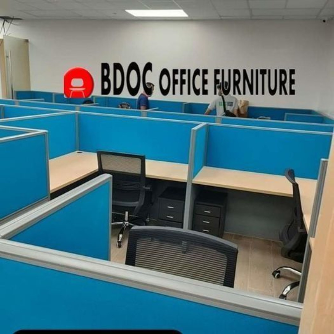 Light blue full fabric office partition with table top / office ...
