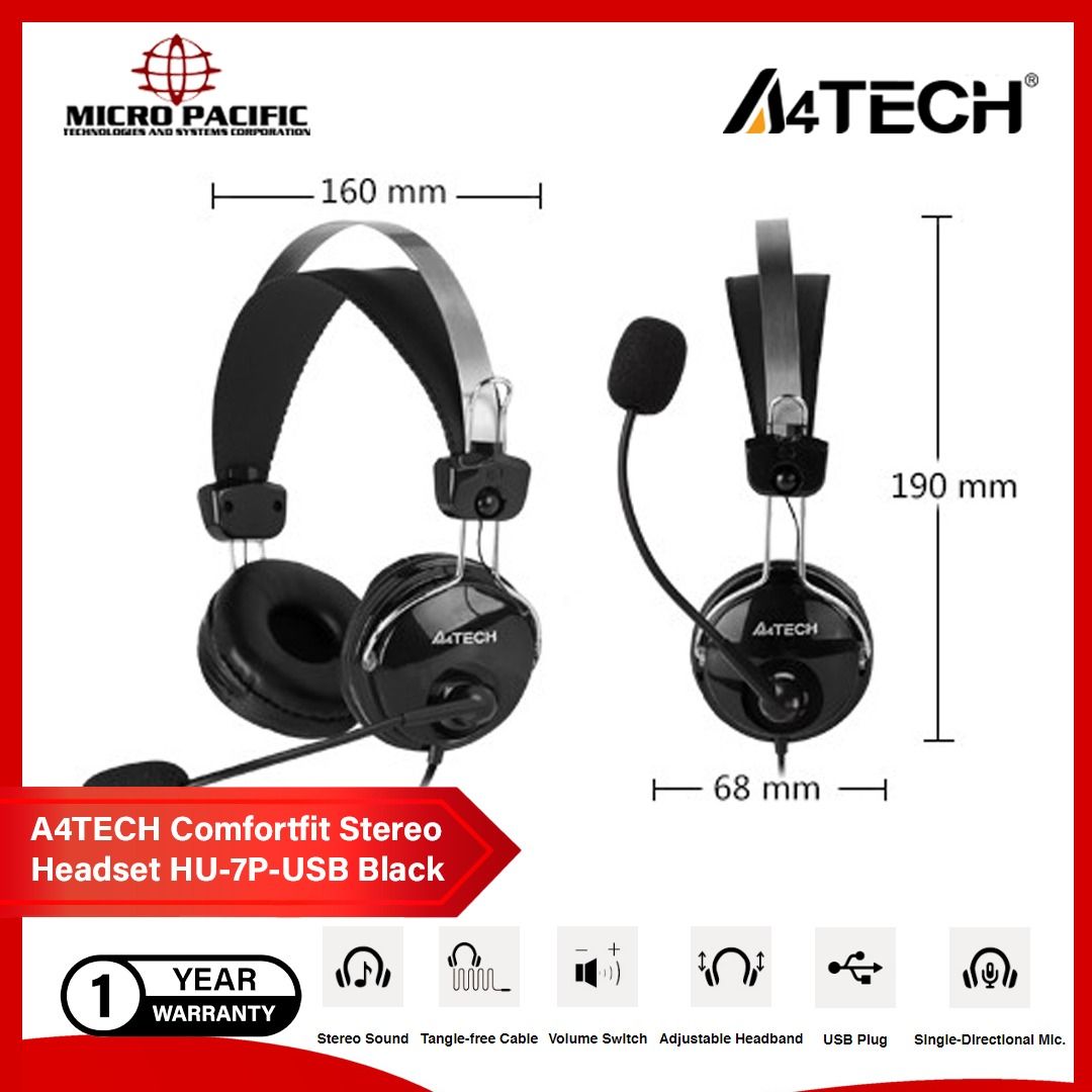 A4Tech HU-7P ComfortFit Stereo USB Headset (Black), Audio, Headphones ...