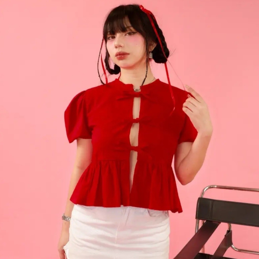 GIANNI BSCO RED (S/L), Women's Fashion, Tops, Blouses on Carousell