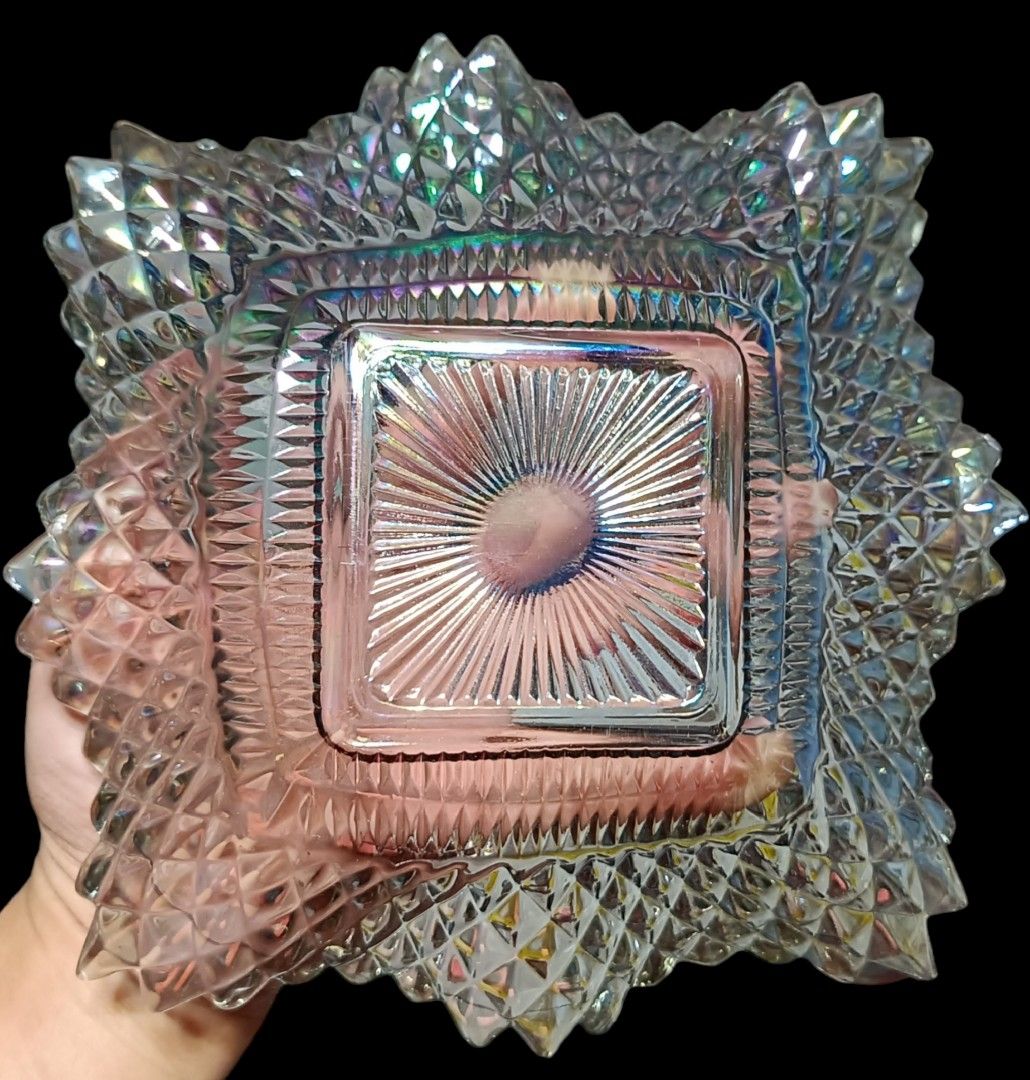 7" Vintage Iridescent Diamond Pattern Pressed Candy Dish Depression ...