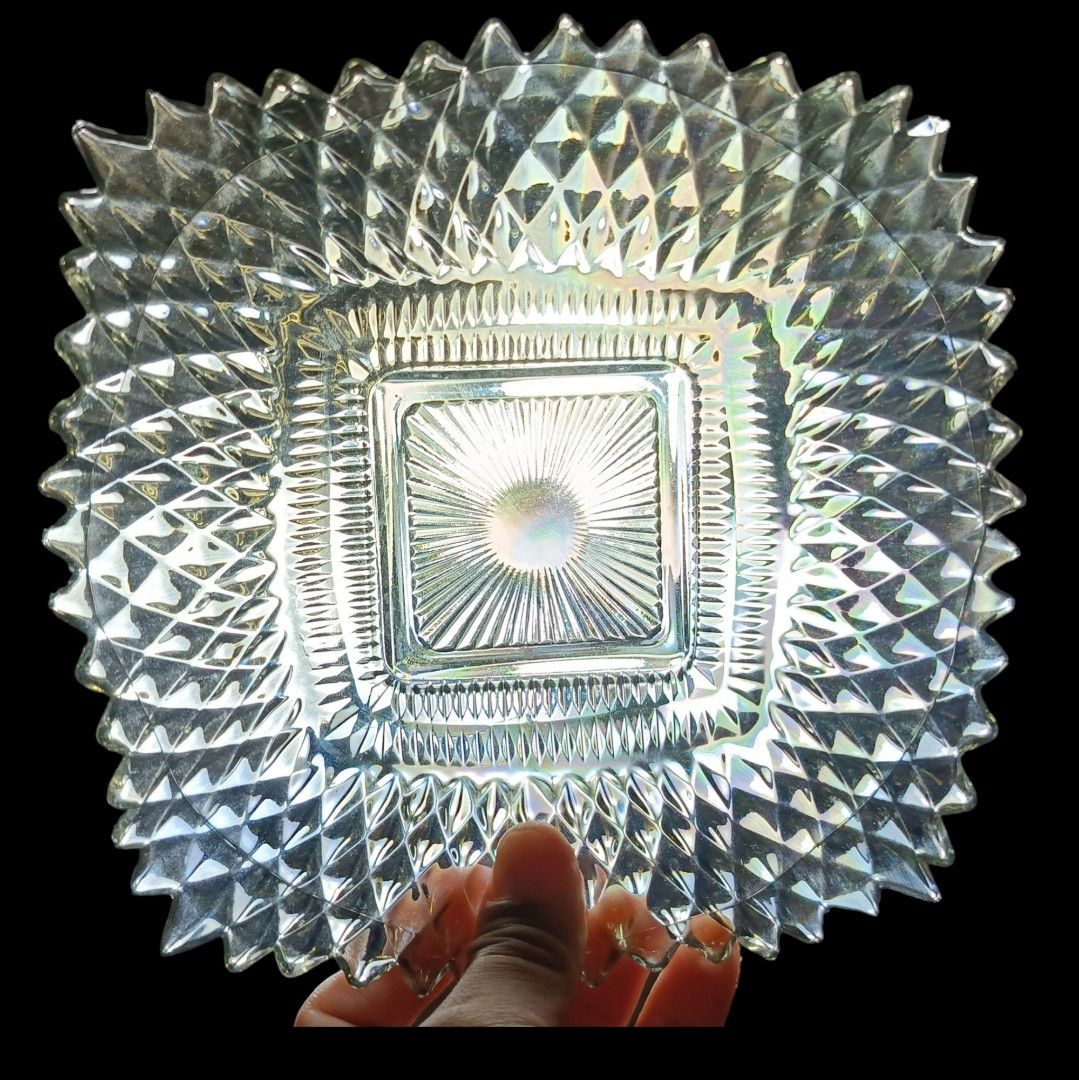 7" Vintage Iridescent Diamond Pattern Pressed Candy Dish Depression ...