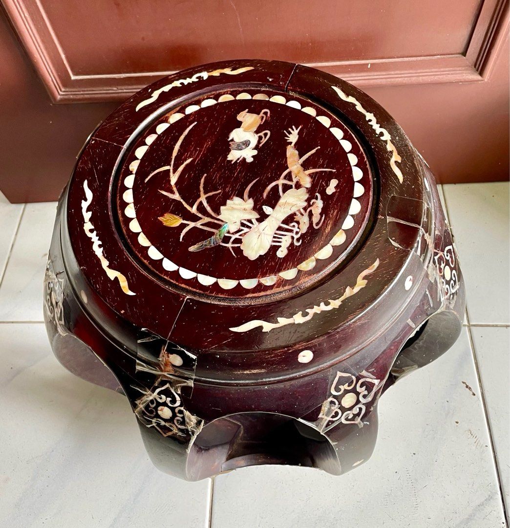 Antique Handmade Mother of Pearl Carving Stool Vintage Chinese Oriental ...