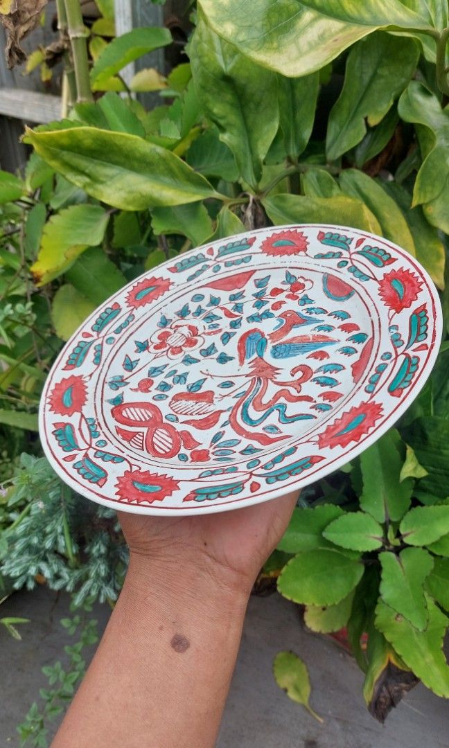 Piring antik merah ijo putih burung hong 23 cm, Antik, Pajangan di ...