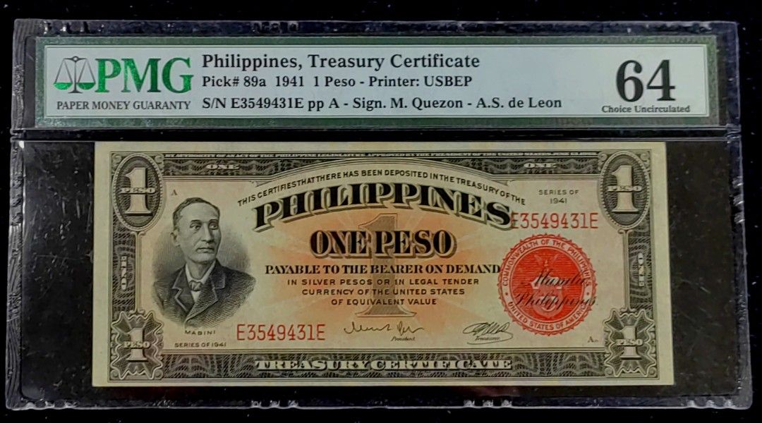 1941 Philippines, Treasury Certificate 1 Peso (Rare Collection) (Red ...