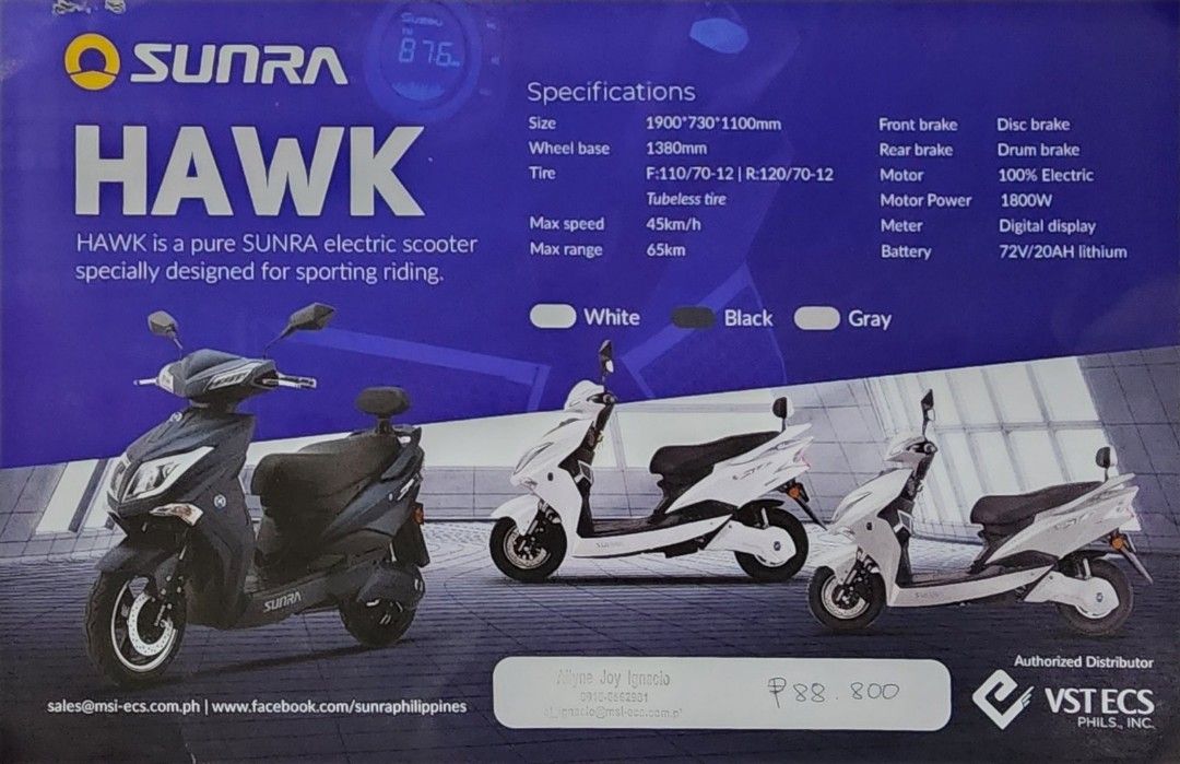Sunra Hawk Electric Scooter, Motorbikes, Motorbikes for Sale on Carousell