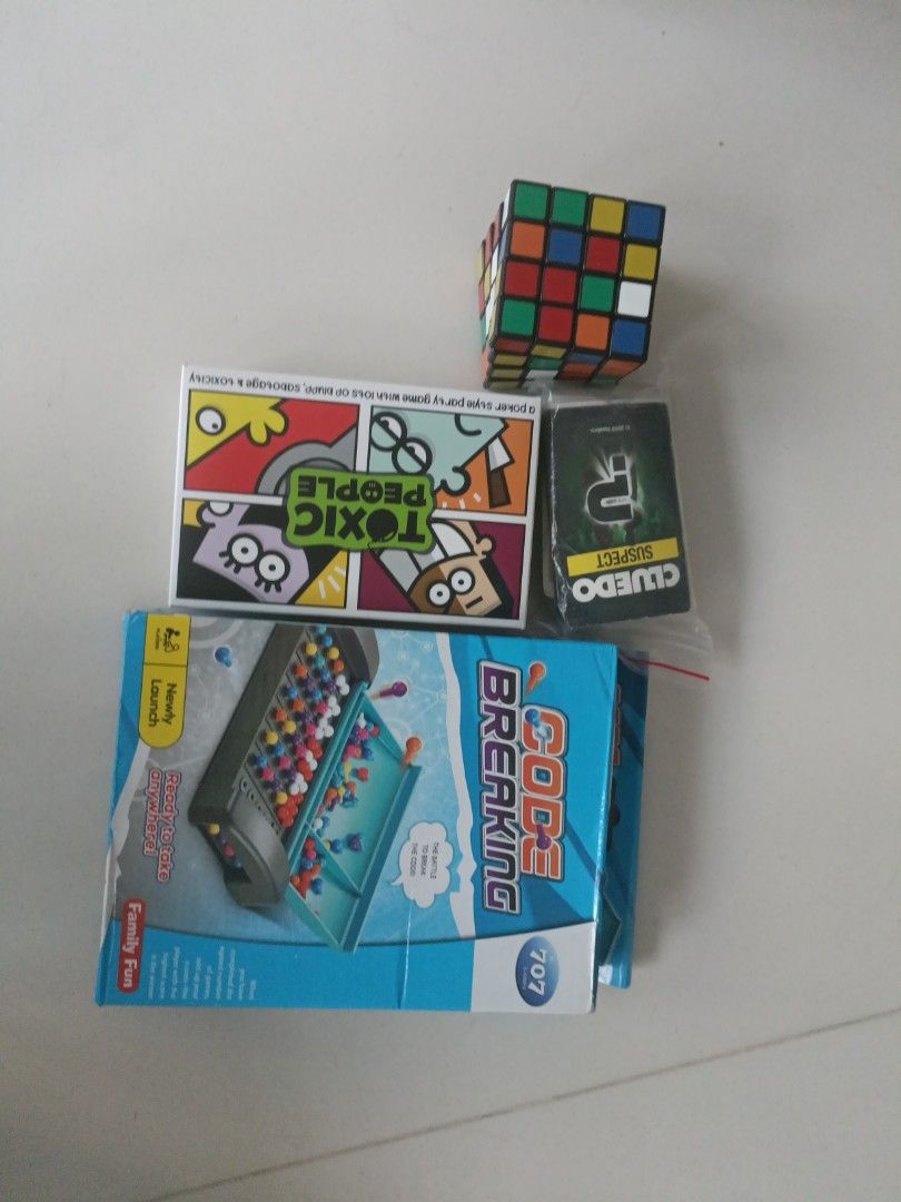 All Cluedo play cards + Toxic people play cards +Code breaking + Rubiks ...