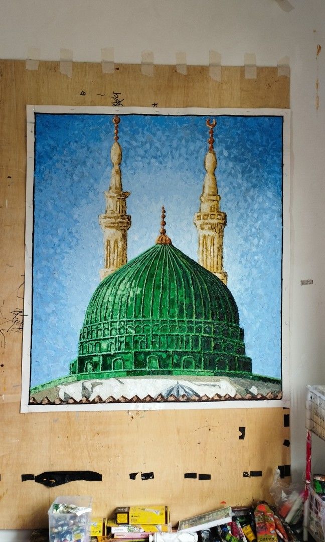 Lukisan Kubah Hijau Masjid Nabawi, Desain & Kerajinan Tangan, Karya ...