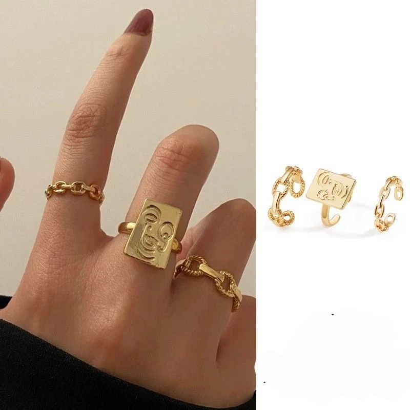 Cincin Wanita 3 Pcs/Set desain Rantai Smiley Face warna gold model ...