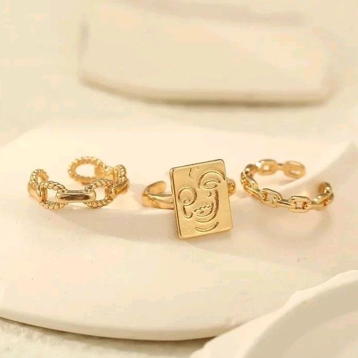 Cincin Wanita 3 Pcs/Set desain Rantai Smiley Face warna gold model ...