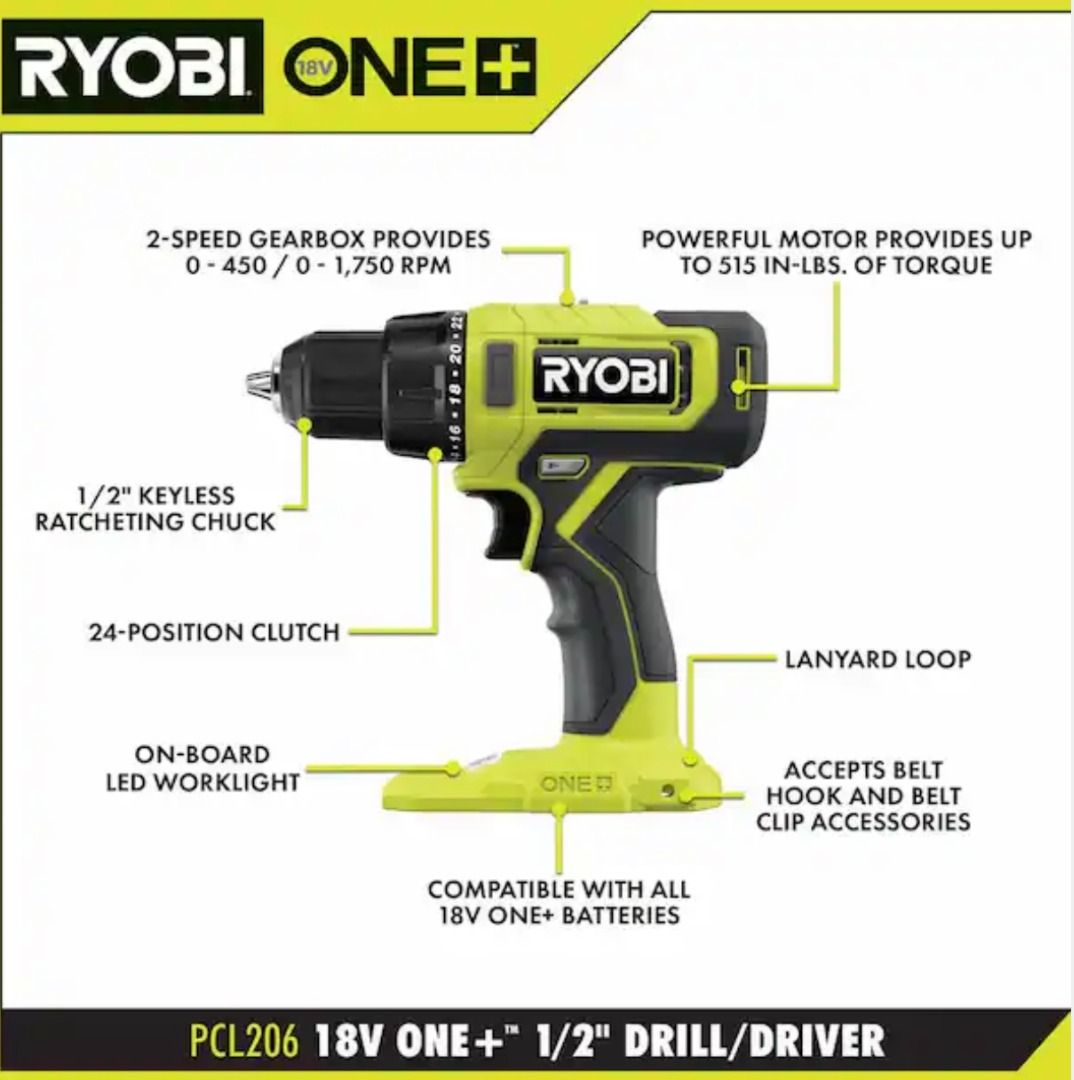 Ryobi PCL206B 18V Cordless 1/2 in. Drill/Driver (Tool Only - NO battery ...