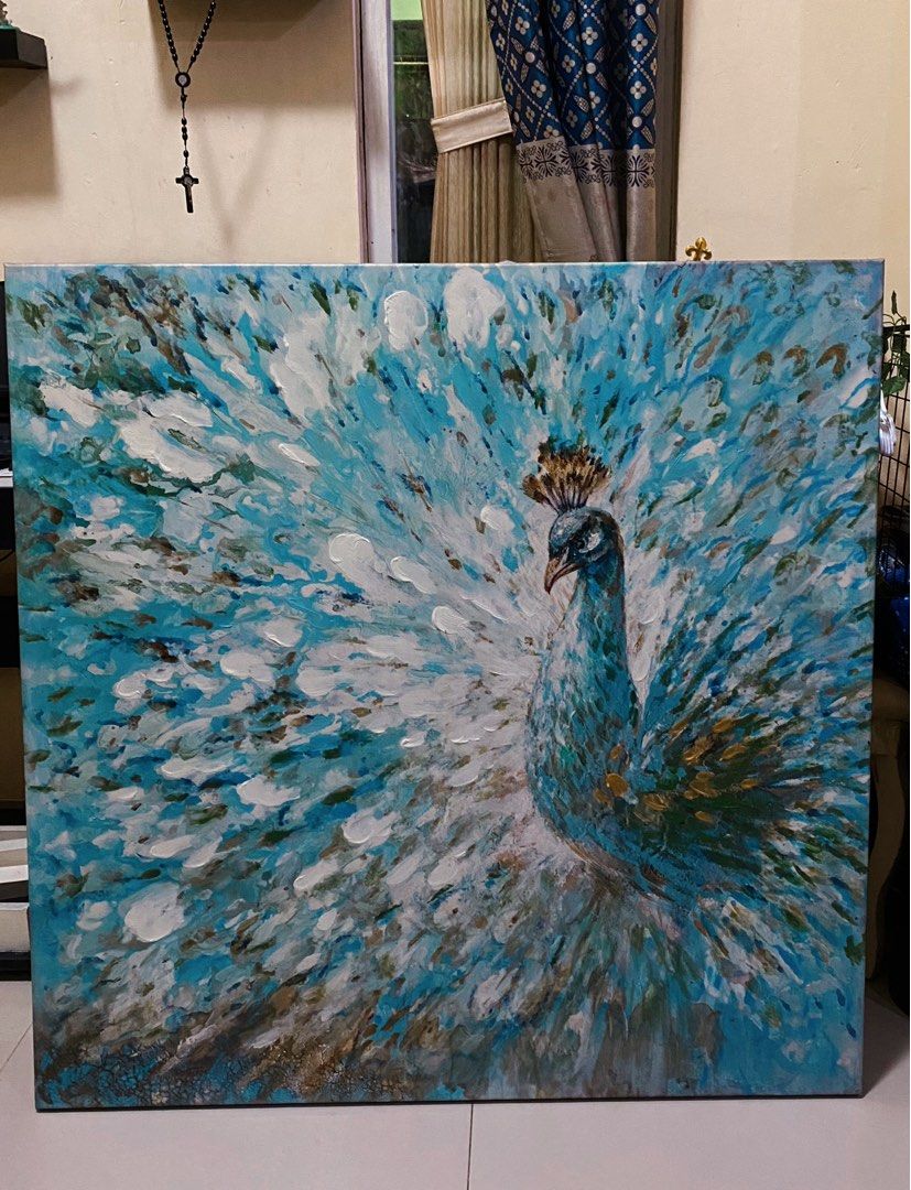 Informa Rare Lukisan Merak 1 Meter x 1M 100x100cm Timbul Fengshui Lukis ...