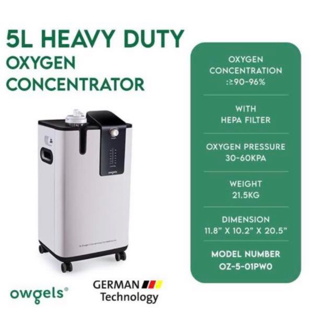 Owgels Oxygen Concentrator 5L Heavy Duty, Health & Nutrition, Medical ...