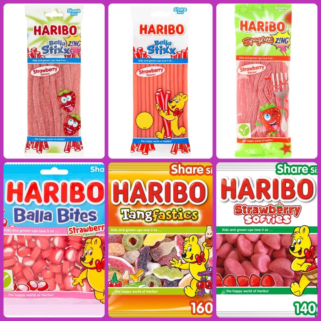 $70@2 Haribo 雜錦糖，酸沙糖，士多啤梨糖，多款口味軟糖 零食 學校 辦公室 小食 英國代購, 嘢食 & 嘢飲, 包裝食物&即食食物 - Carousell