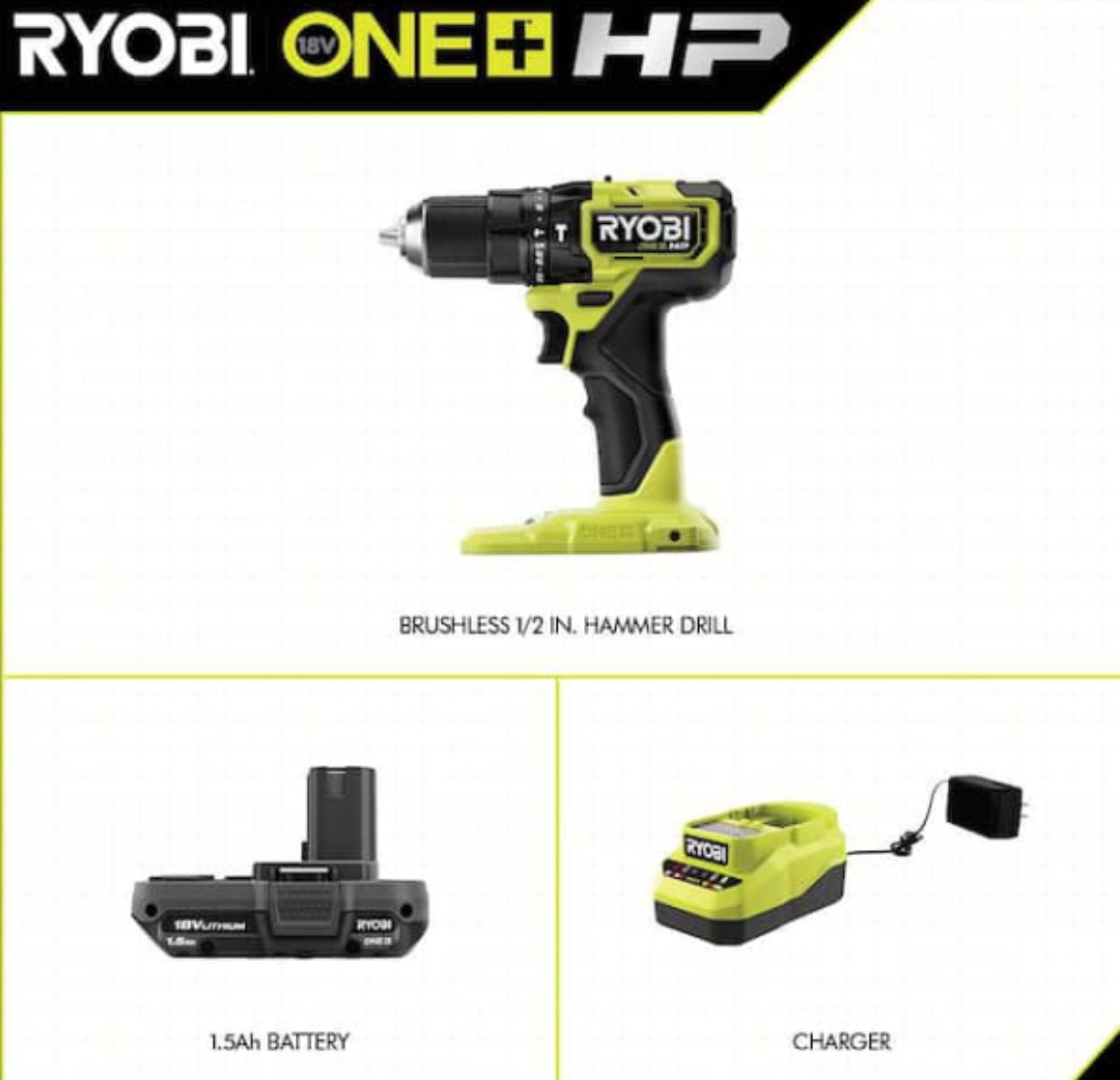 Ryobi PSBHM01K 18V BRUSHLESS Compact 1/2" Hammer Drill Kit 1.5ah ...
