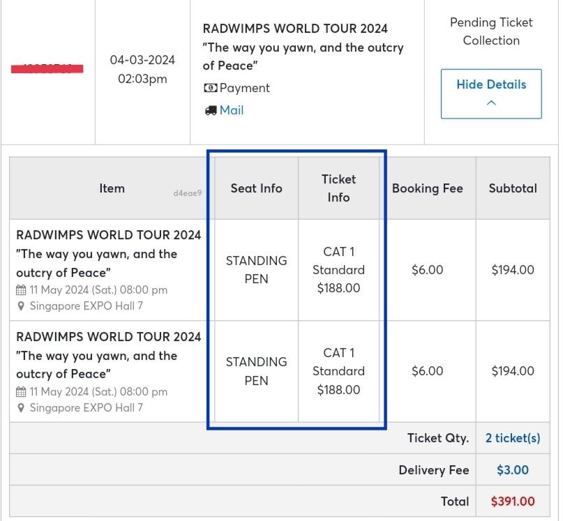 WTS - CAT 1 - 1 pair of physical tickets - RADWIMPS WORLD TOUR on 11 ...