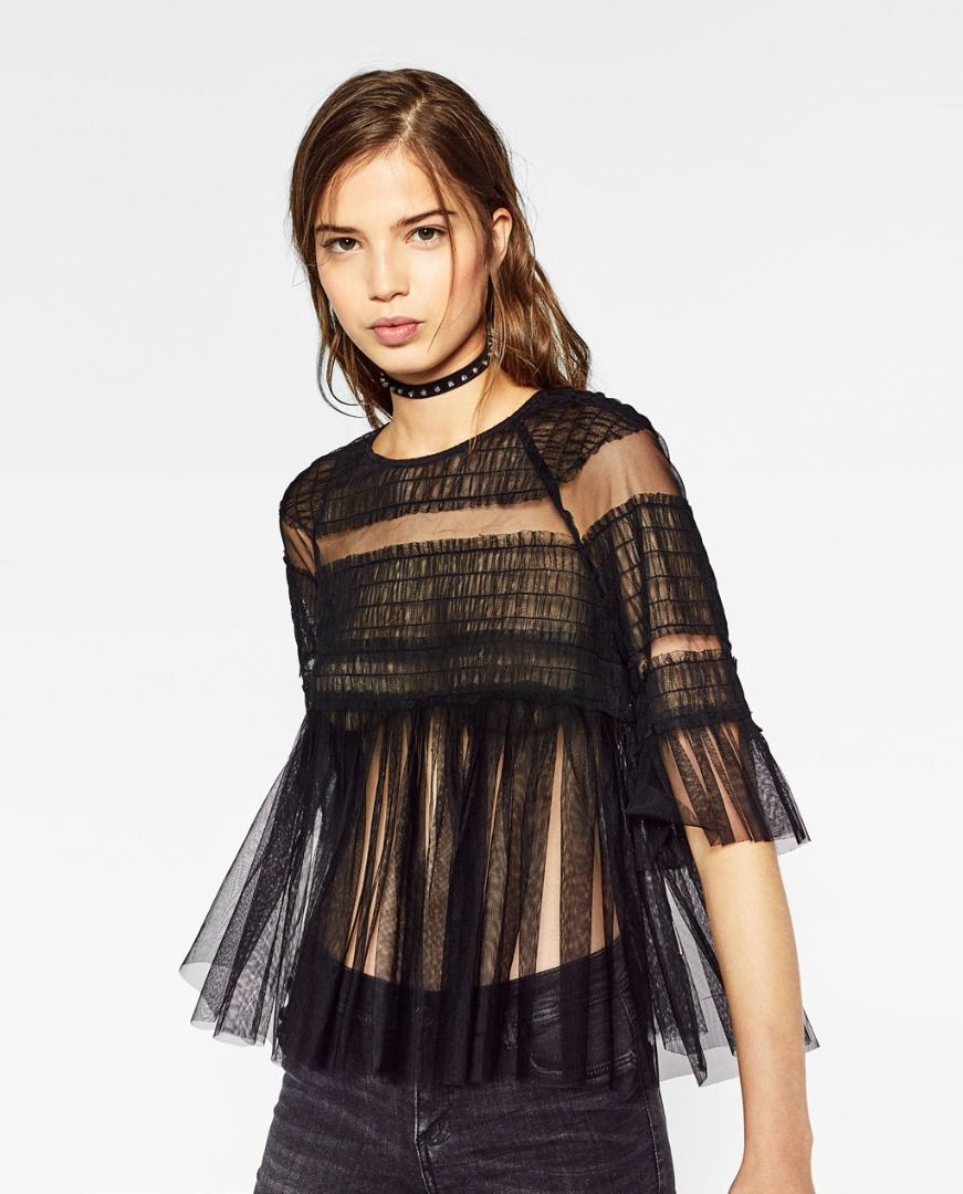 BNWT ZARA - UK8 SIZE S- ZARA Frilly Lace Tulle Ballerina Black Flare Ruffle Babydoll Top SMALL ...