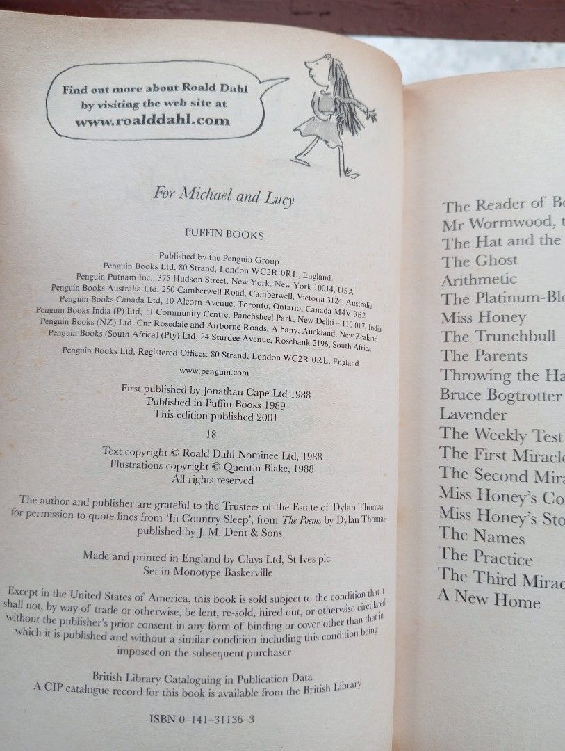 Buku Matilda - Roald Dahl Published 2001, printed in England Ada kesan ...