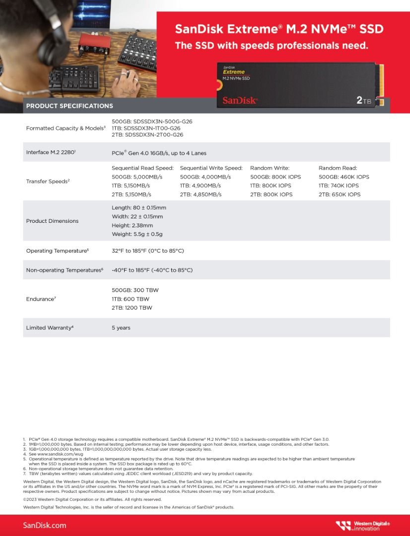 Sandisk Extreme M.2 2280 NVMe SSD 1TB Internal Solid State Drive PCie ...