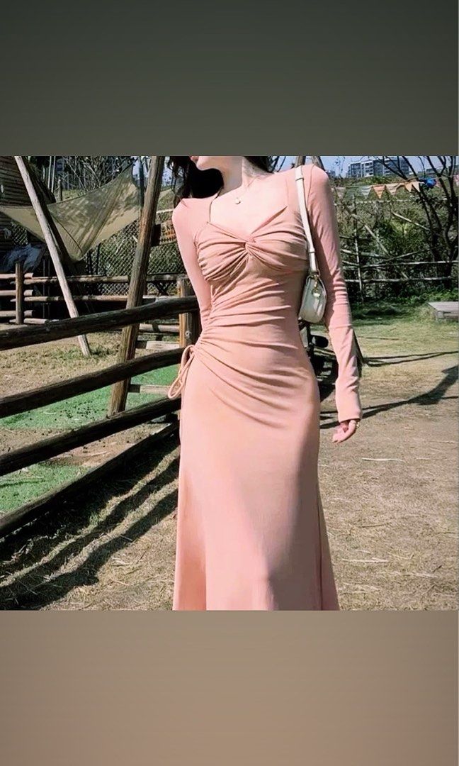 Dress Nude pastel Rok Flare Serut Samping Korean Model Minimalis ...