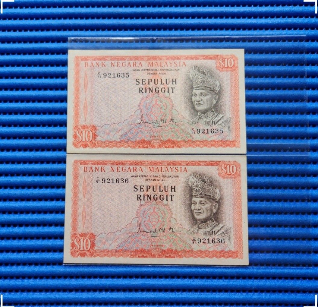 2X Malaysia $10 Sepuluh Ringgit Note C/91 921635-921636 Run Malaysian ...