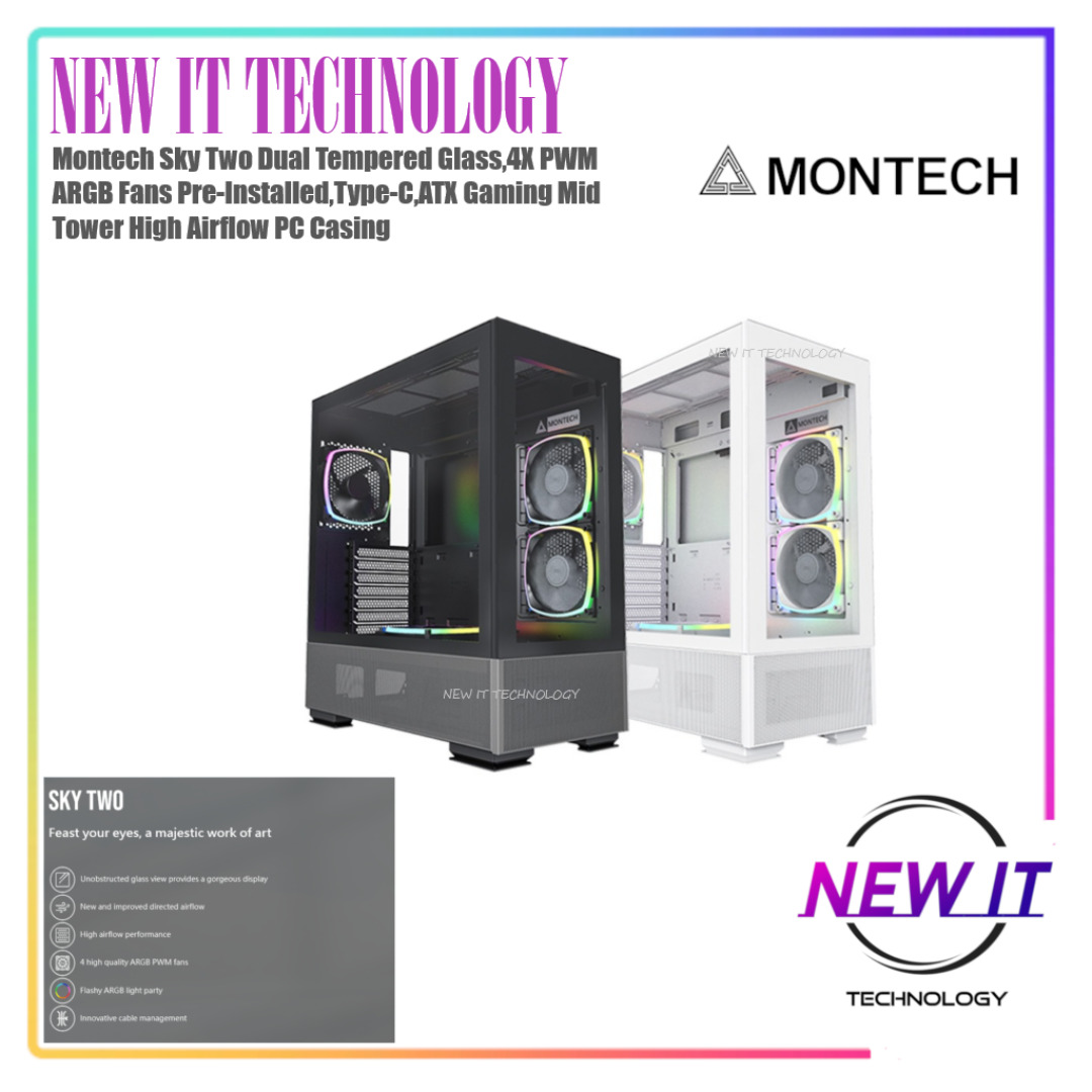 Montech Sky Two & Sky Two GX Dual Tempered Glass,4X PWM ARGB Fans Pre ...