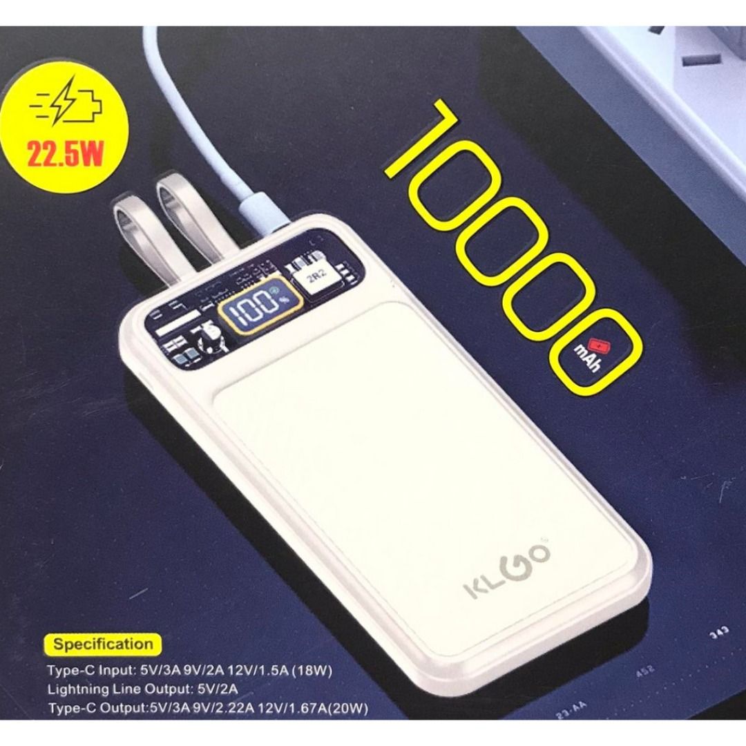 KLGO KP-22 10000mAh 20w Fast Charging Powerbank with Built-in Type-C ...