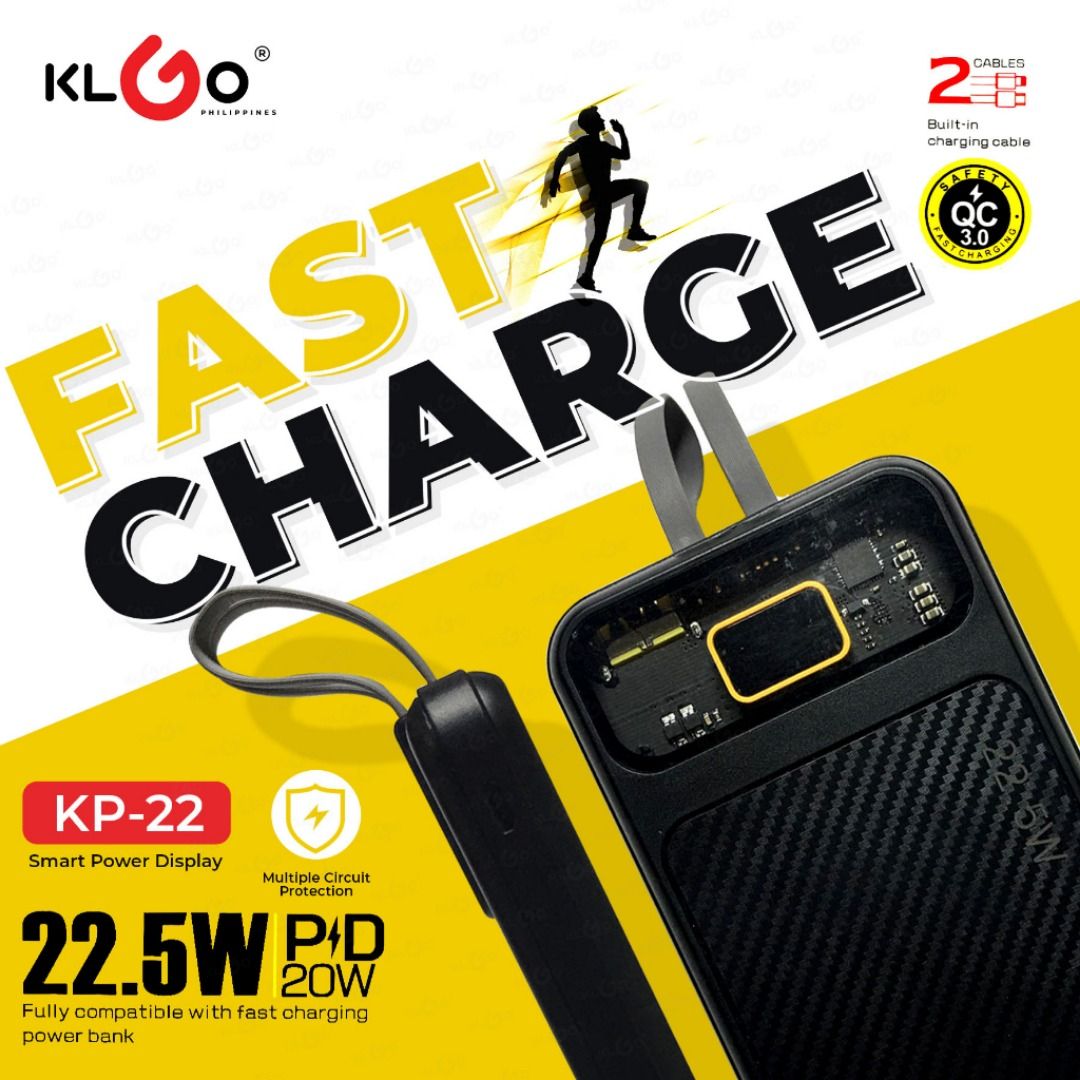 KLGO KP-22 10000mAh 20w Fast Charging Powerbank with Built-in Type-C ...