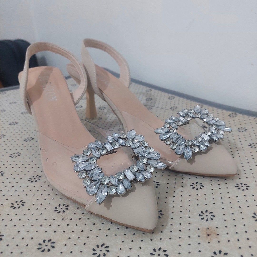 Sepatu heels/ hak tinggi kaca transparan permata korea cantik, Fesyen ...