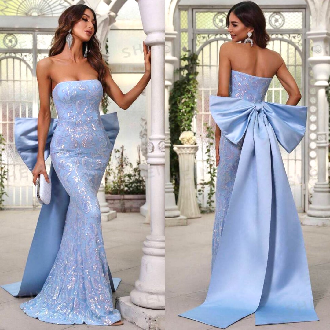 SHEIN baby blue Mermaid Hem Big Bow ribbon Back Sequin Tube Prom ...