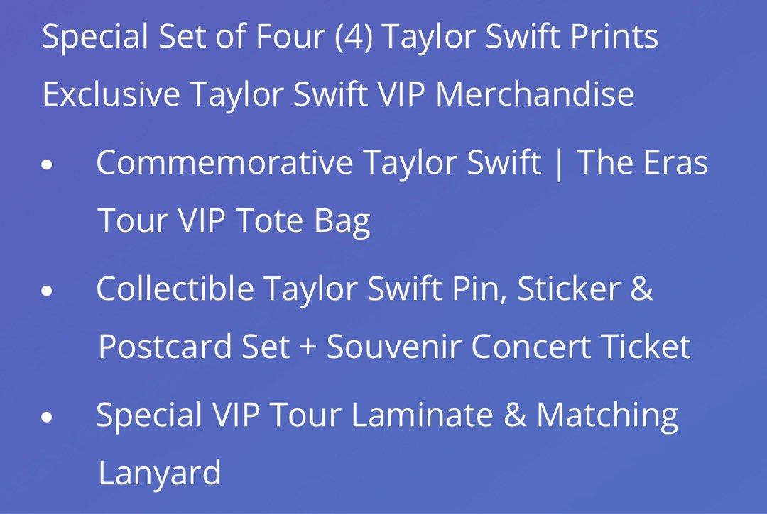 Taylor Swift VIP Merchandise Eras Tour x2 COMPLETE SETS, Hobbies & Toys ...
