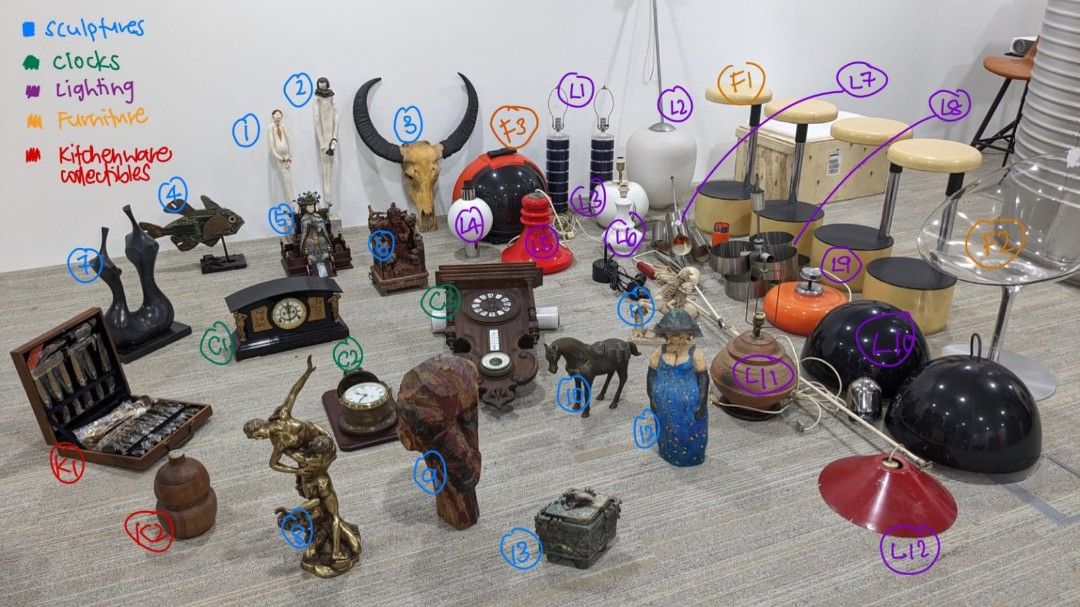 Vintage collection of clocks, lights, sculptures, furniture, artwork ...