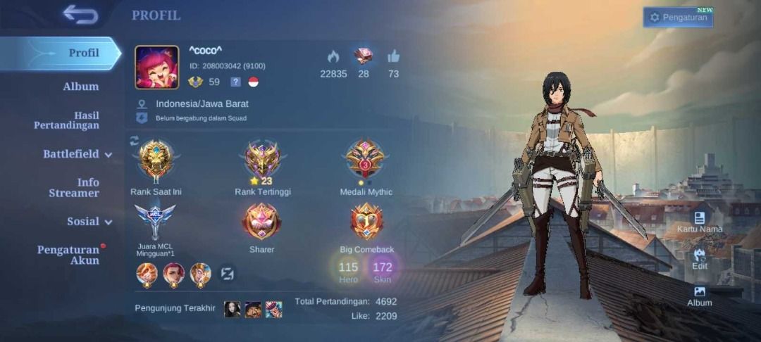 Jual akun MLBB "Mikasa skin", Video Game, Game di Carousell