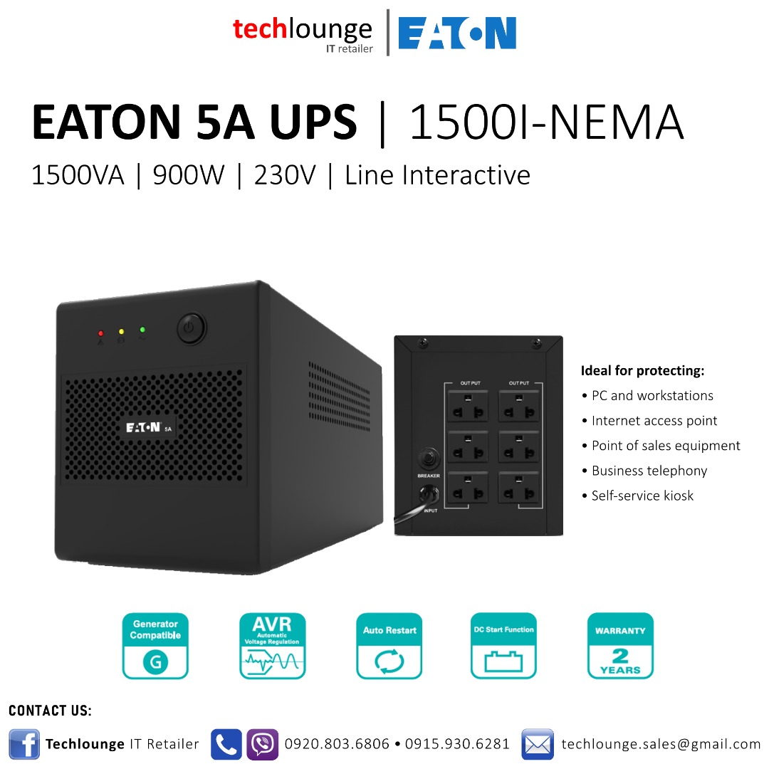 5A 1500i-NEMA | EATON 5A Line Interactive UPS, 1500VA/900W, 230V, AVR, 6x NEMA Outlets, Tower ...