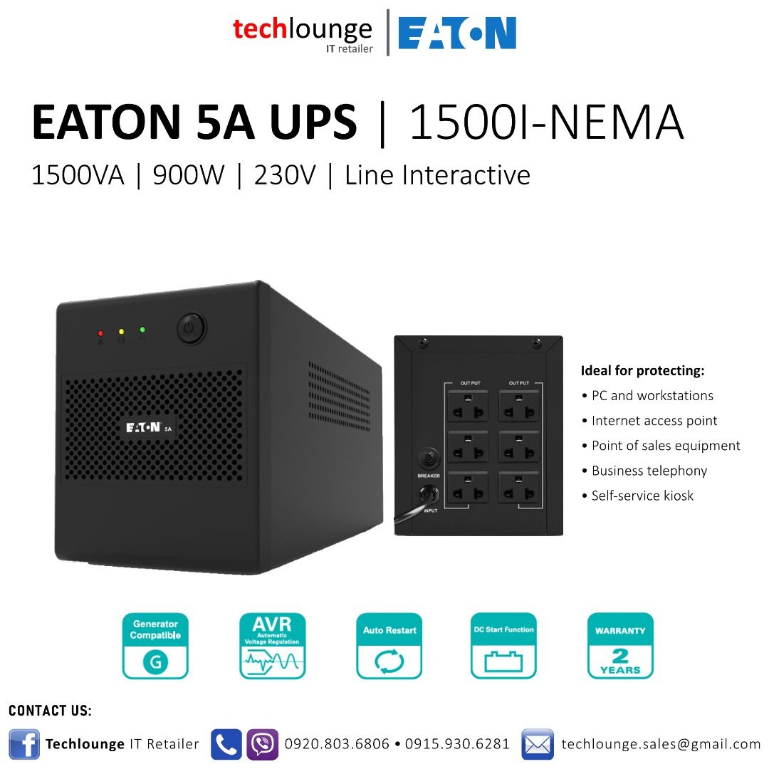 5A 1500i-NEMA | EATON 5A Line Interactive UPS, 1500VA/900W, 230V, AVR, 6x NEMA Outlets, Tower ...