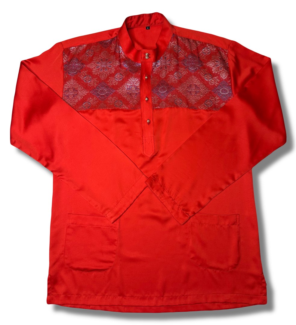 Baju Melayu Merah Tema Songket, Men's Fashion, Muslim Wear, Baju Melayu ...
